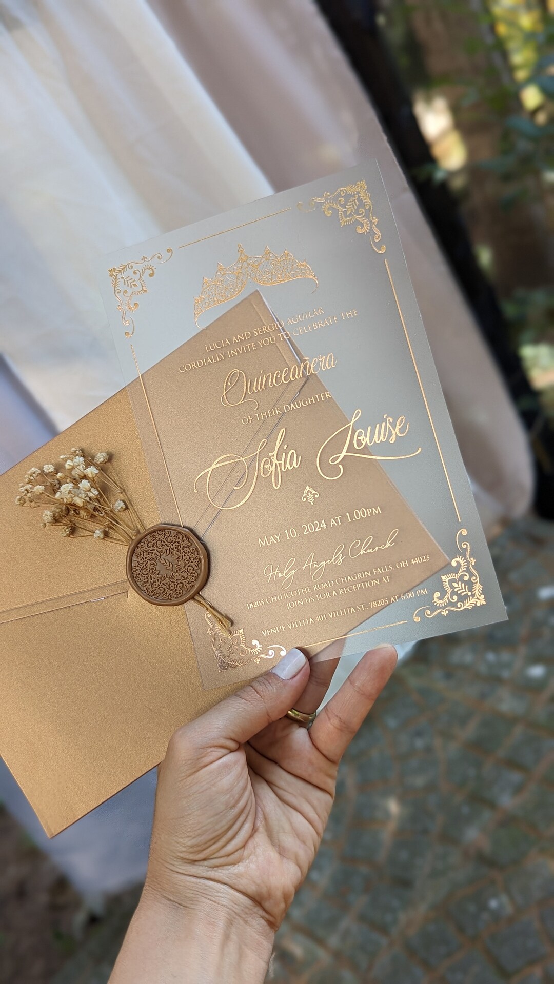 Quinceañera Invitation With Copper Envelope, Gilded Acrylic, Green Wax ...