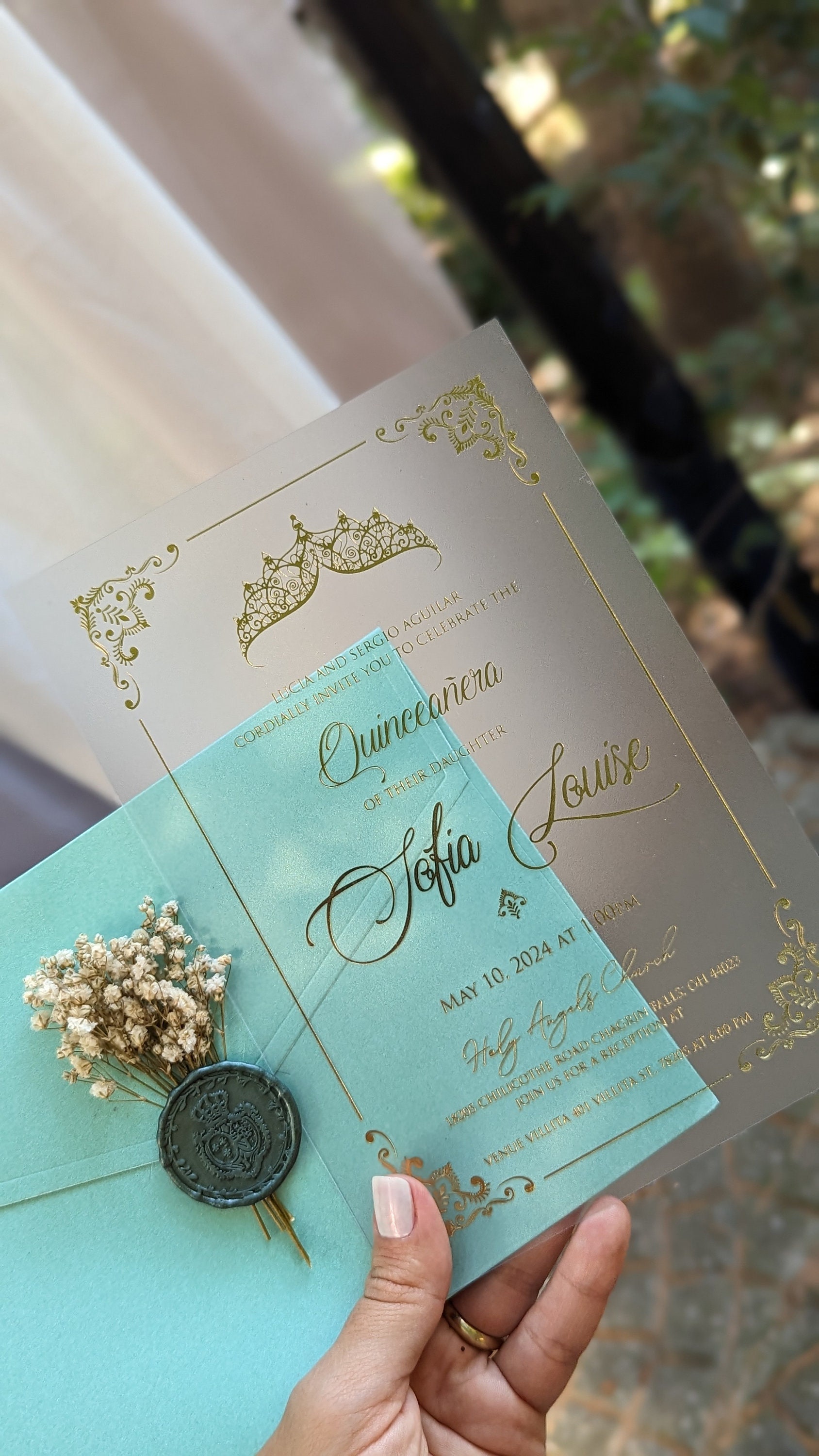 Quinceañera Invitation With Green Envelope, Gilded Acrylic, Green Wax ...
