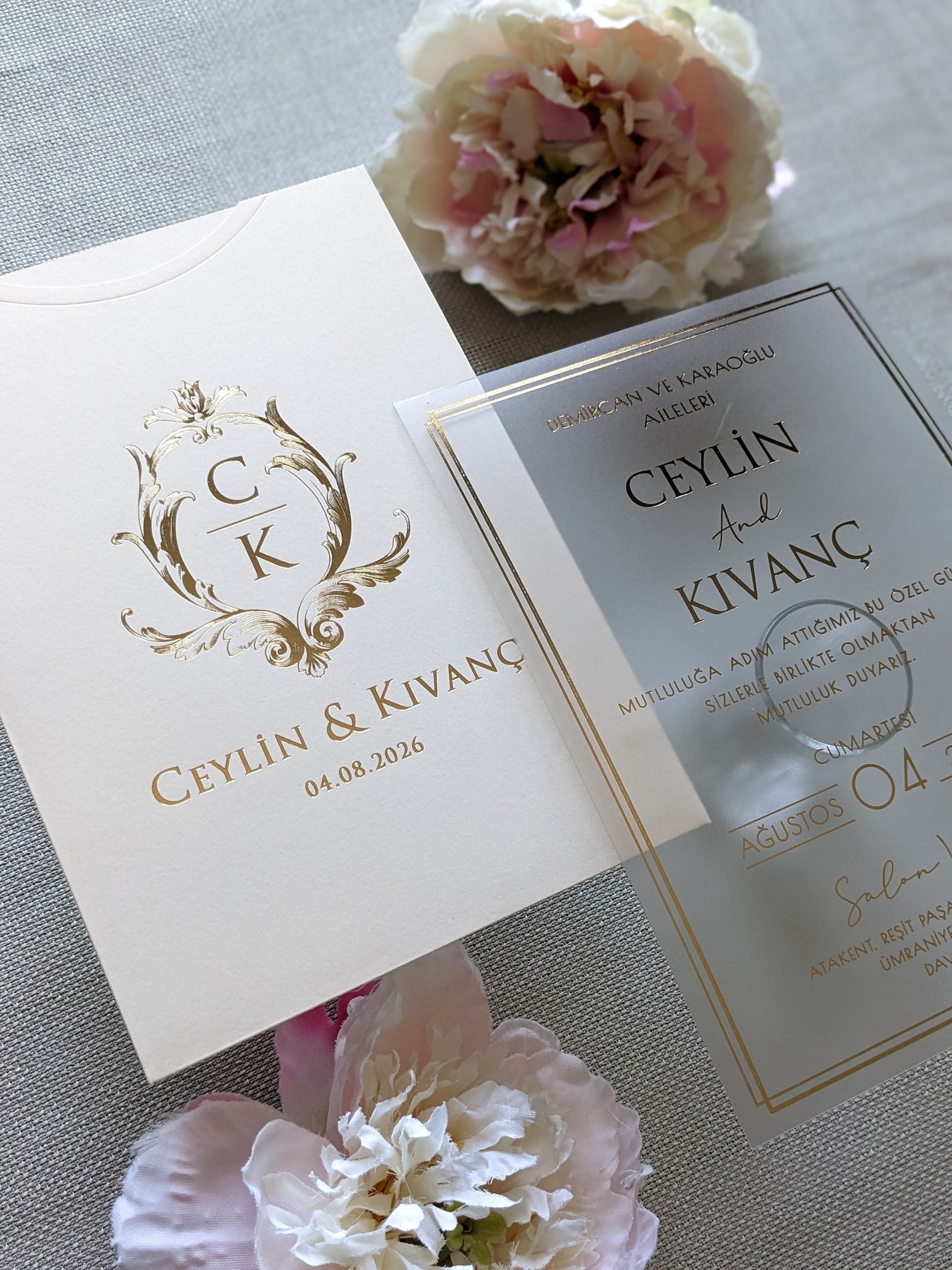 Cream Acrylic Invitations, Wedding Invitation, Gold Guilding ...