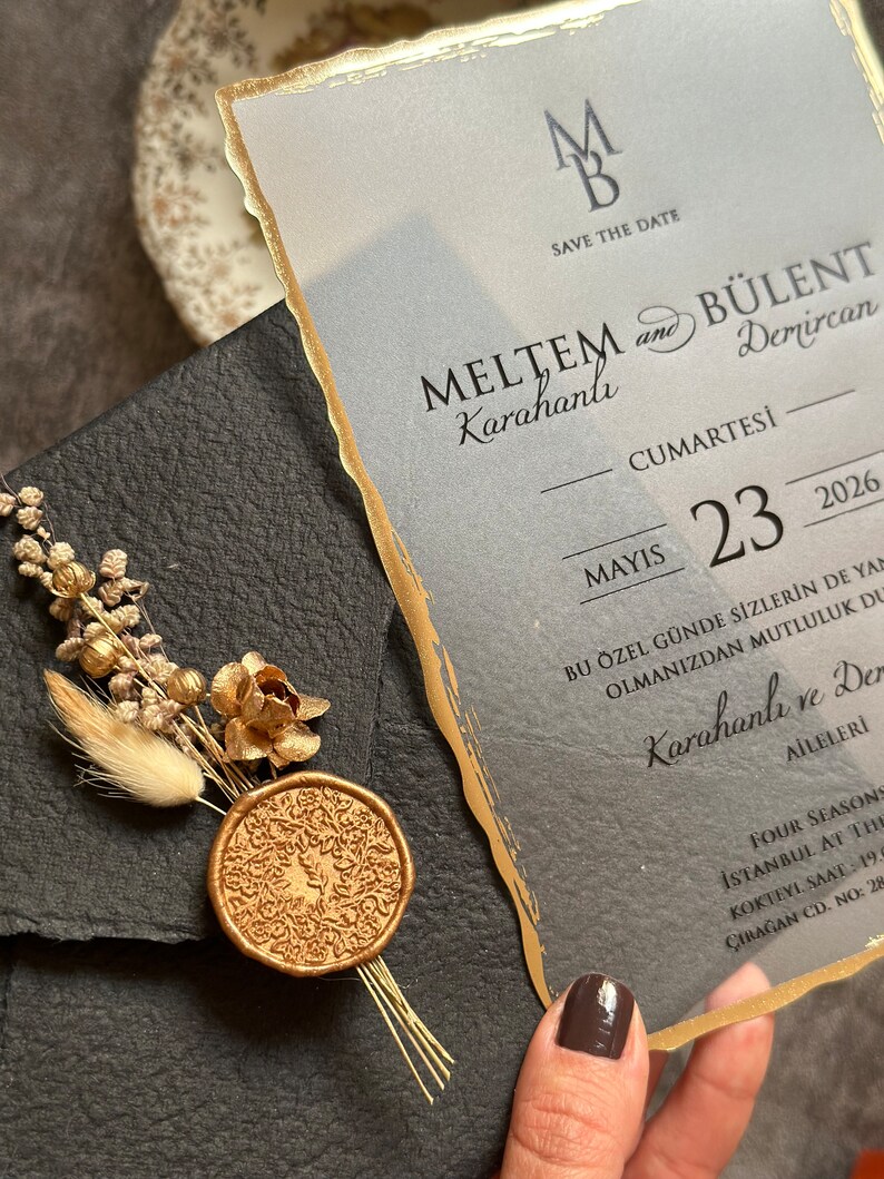 Black Handmade Paper Envelopes Gold Gilded Acrylic Invitation With Gold ...