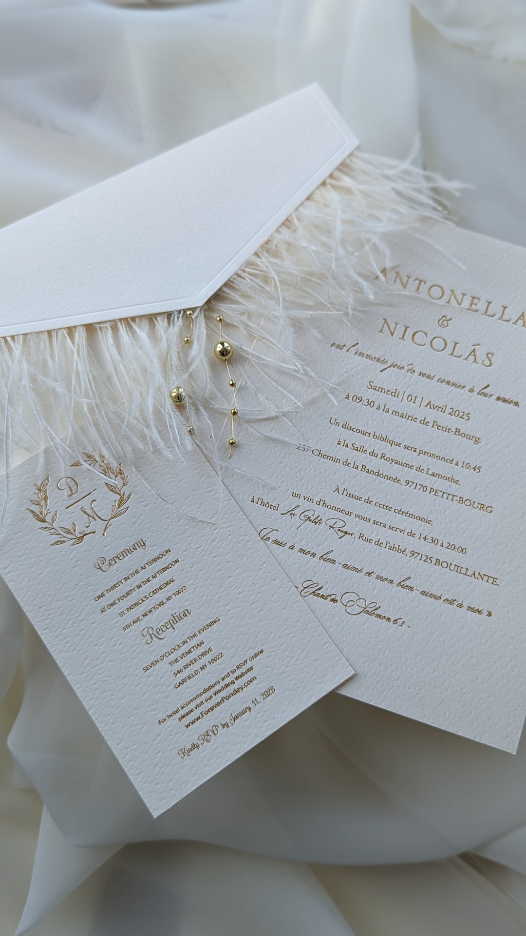 Thick Cardboard Ivory, Feathered and Pearly Ivory Envelopes, Acrylic Gold Foil Printed ...