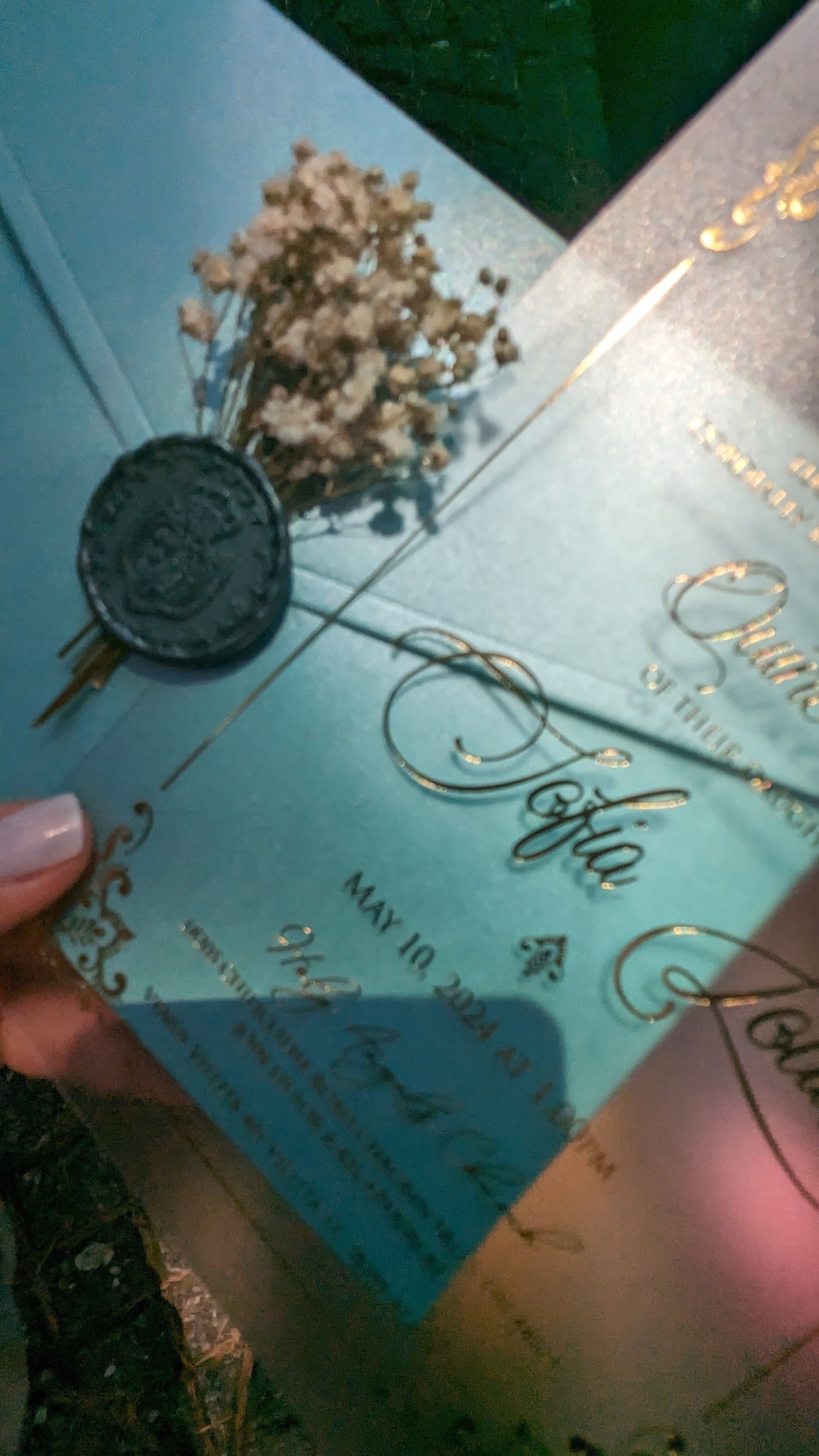 Quinceañera Invitation With Green Envelope, Gilded Acrylic, Green Wax ...