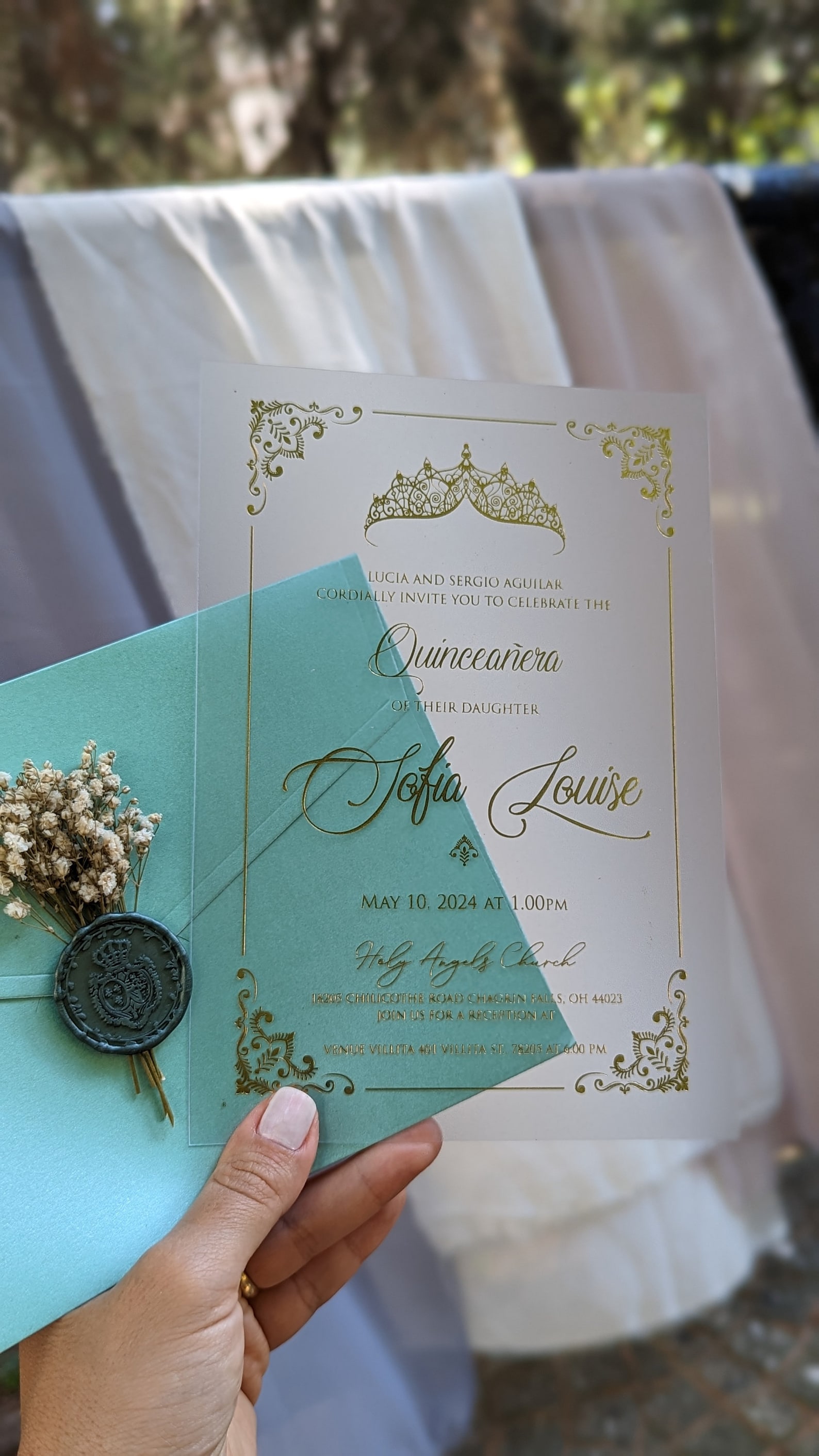 Quinceañera Invitation With Green Envelope, Gilded Acrylic, Green Wax ...