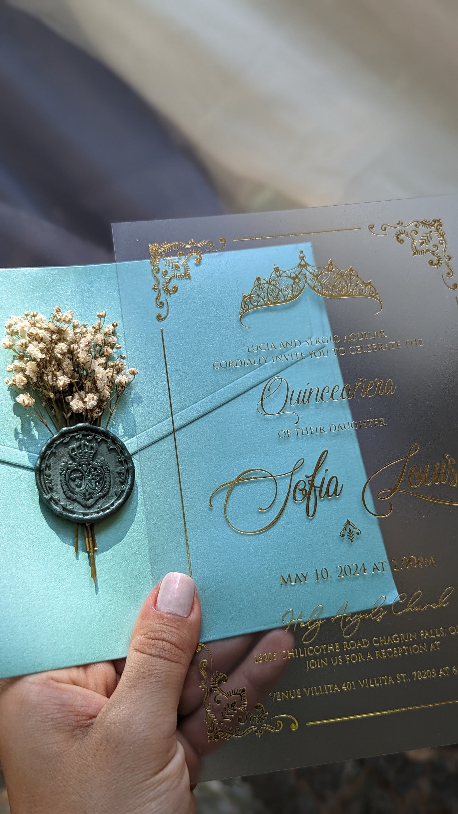 Quinceañera Invitation With Green Envelope, Gilded Acrylic, Green Wax ...