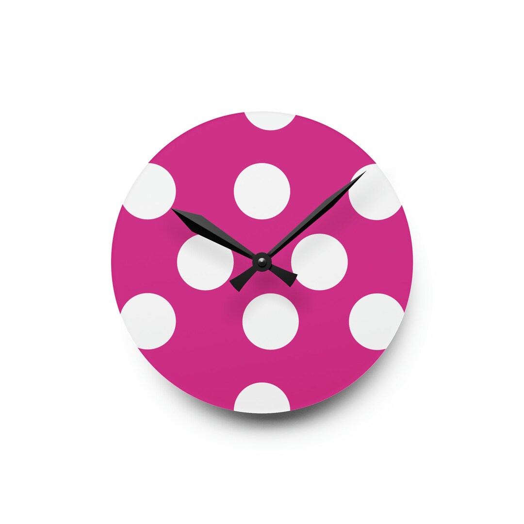 Wall Mounted Clock, Pink Polka Dot Design, Analogue Battery Operated ...