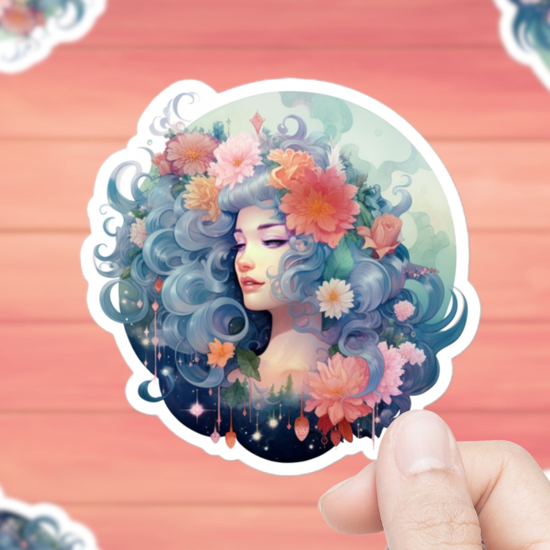 Goddess Sticker | Magical Goddess With Flower Hair | Mystical Sticker ...