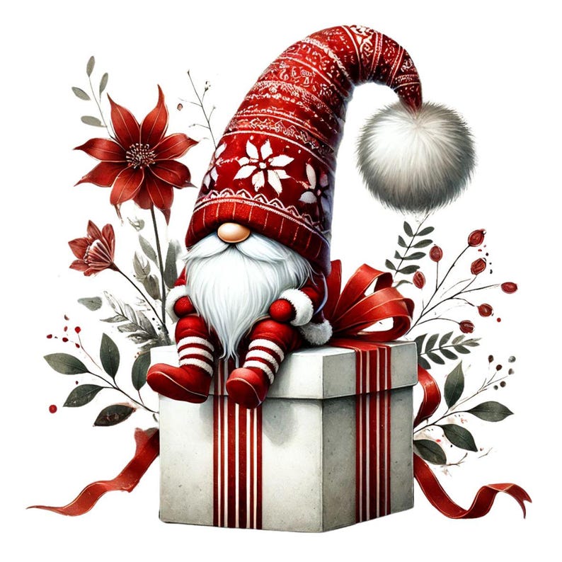 PNG Festive Christmas Gnome PNG Red Hat and Gift Illustration Whimsical ...