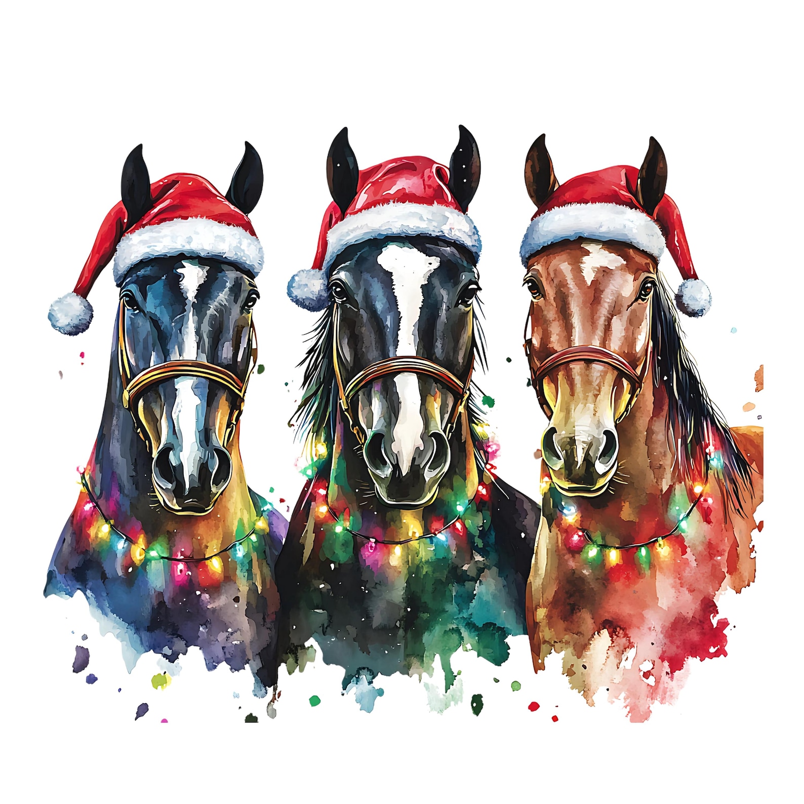 PNG Festive Christmas Horse Trio Watercolor Holiday Horses With Santa ...
