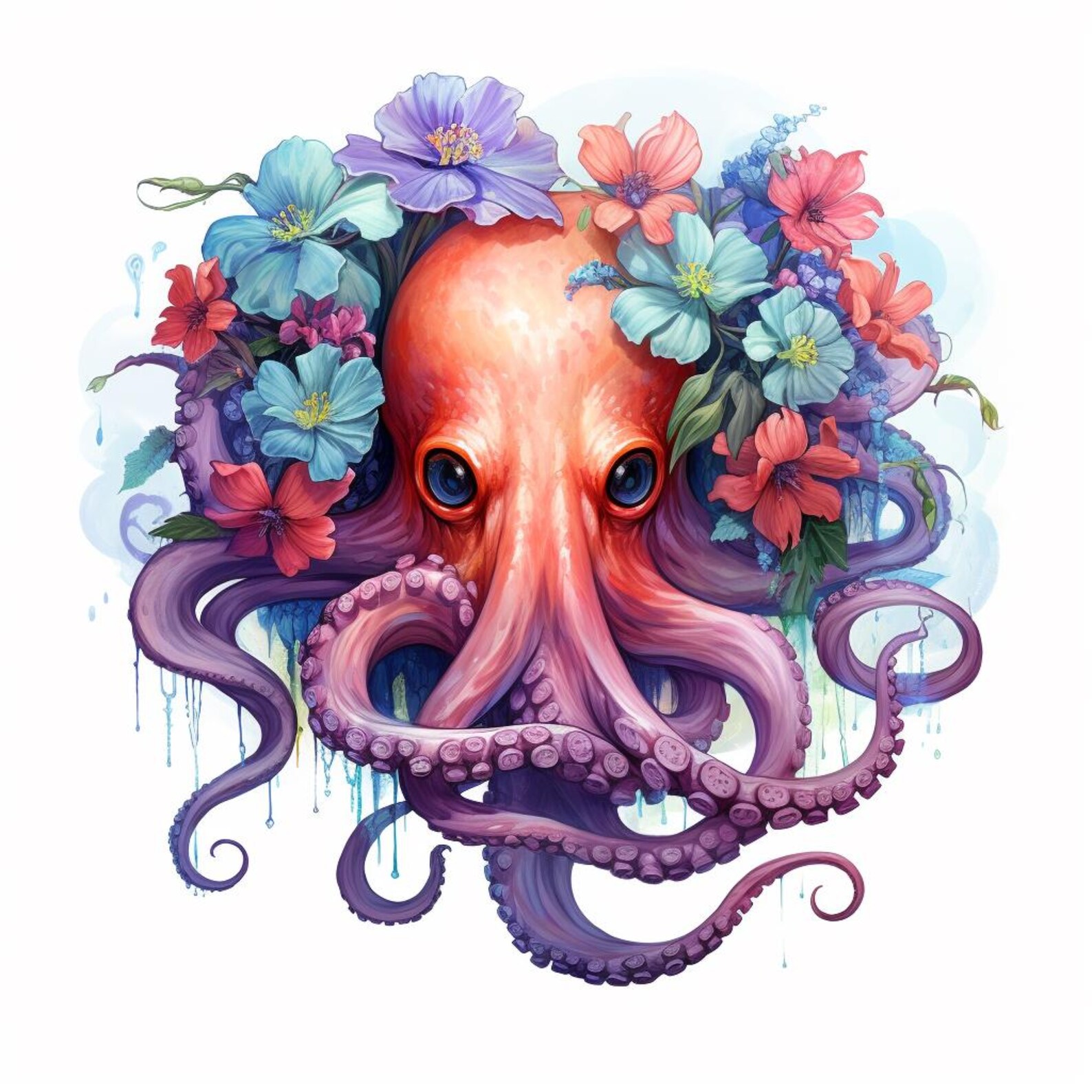 PNG Watercolor Octopus With Floral Crown Ocean Art Print Digital ...