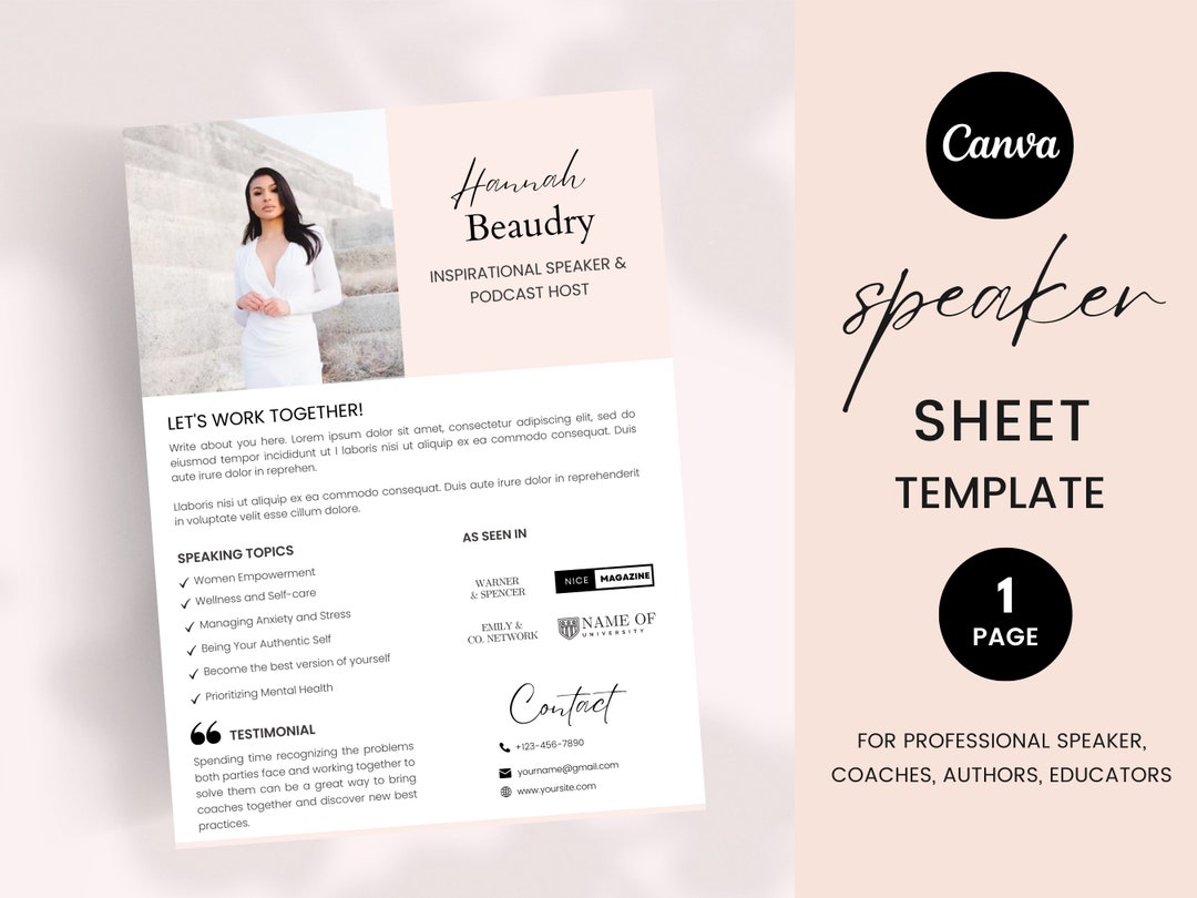 Speaker Sheet Template Speaker One Sheet Template - Etsy