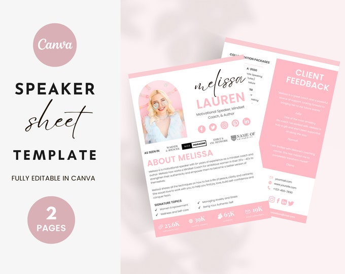 Speaker Sheet Template, Speaker One Sheet Template, Author Media Kit, Speaker Sheet Canva ...