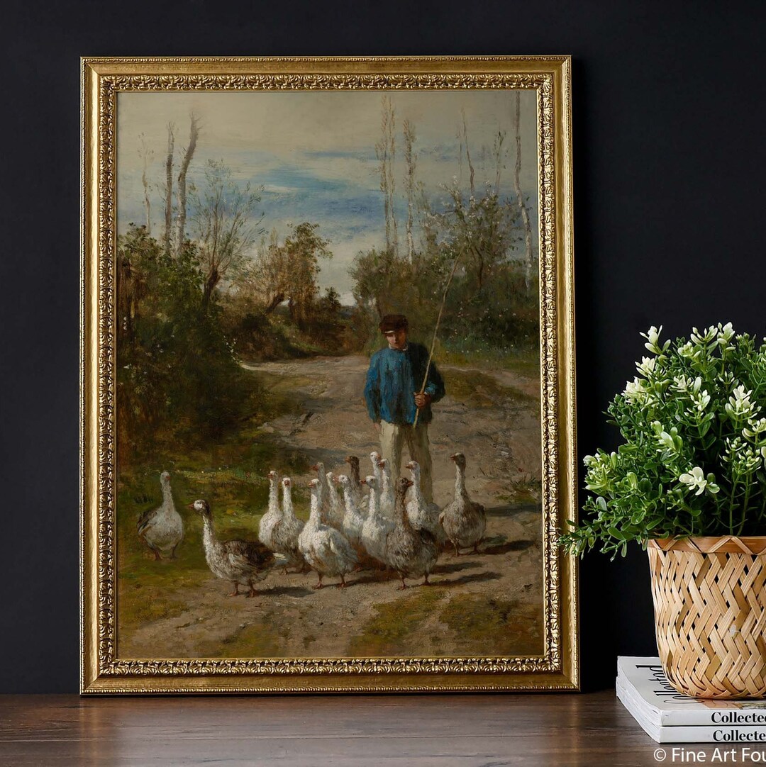 Print | Painting of a Shepherd Tending to His Ducks, Reproduced From an ...