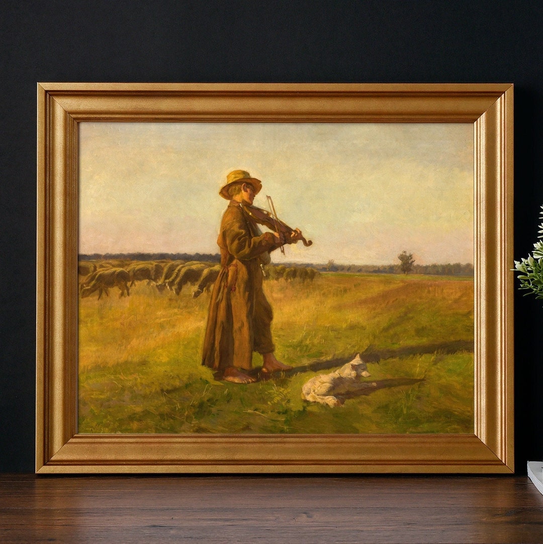 Print | Painting of a Shepherd With His Sheep and Dog, Reproduced From ...
