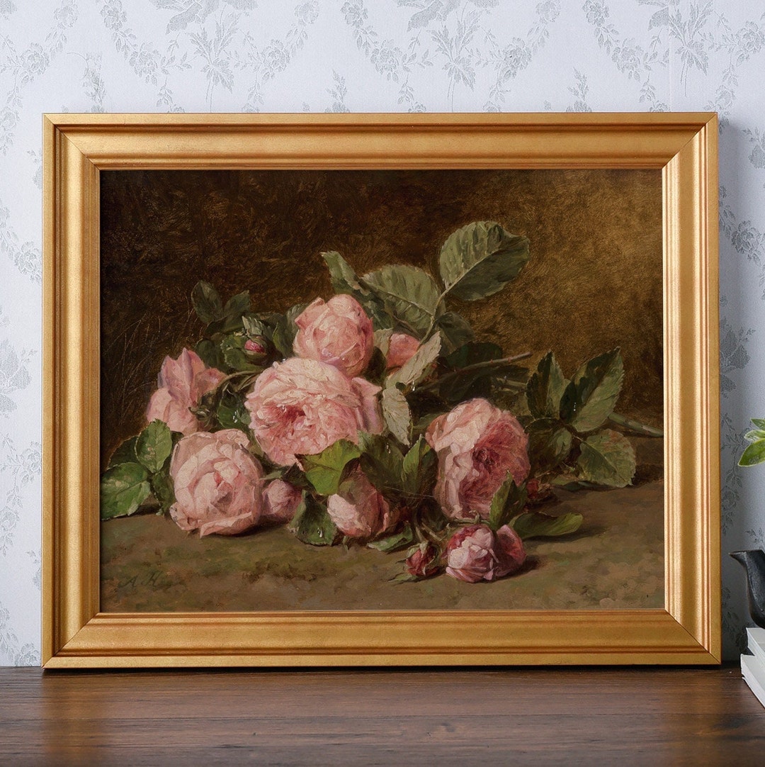 Print | Still Life Painting of Pink Roses on the Ground | Flowers ...