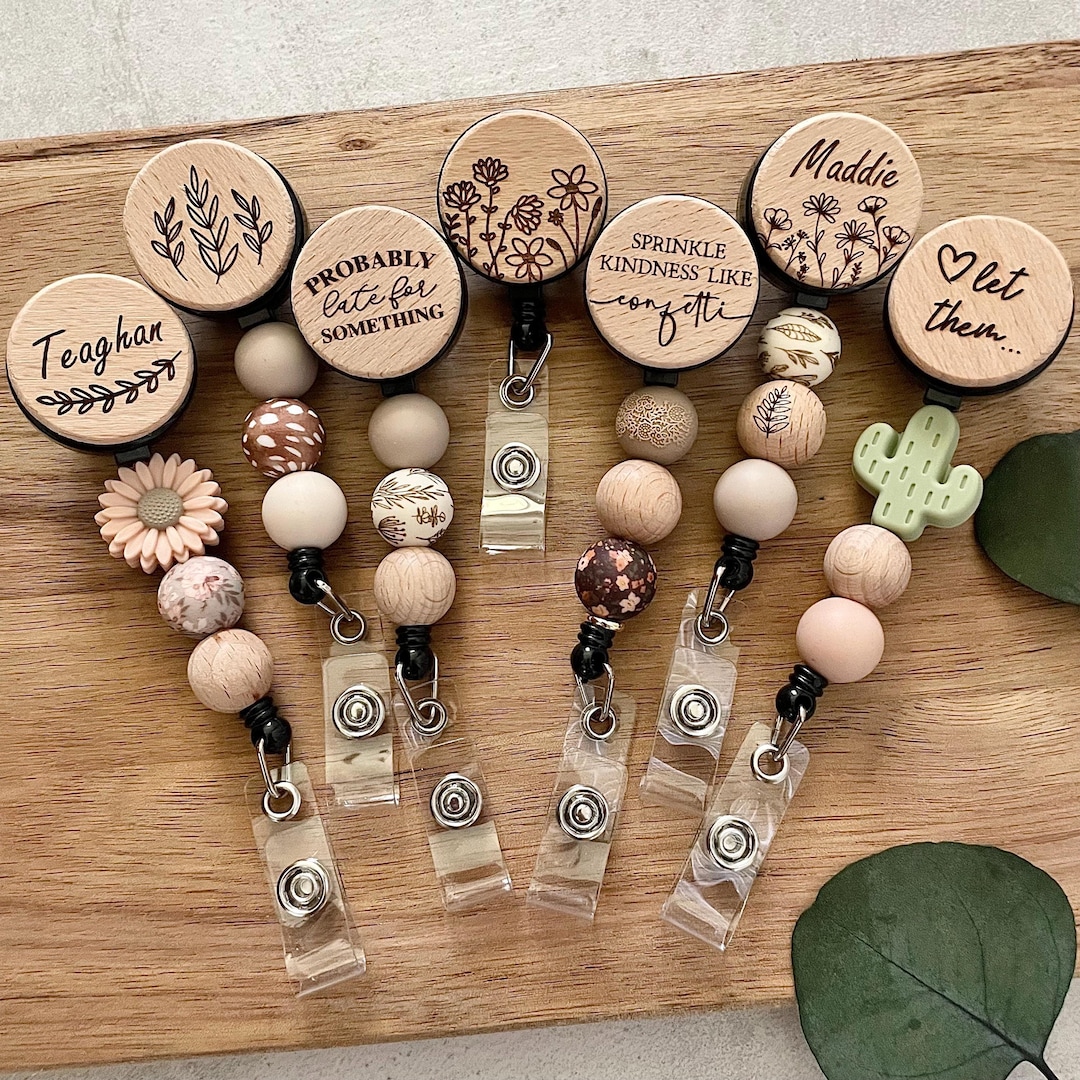 Badge Reels | ALLIGATOR SWIVEL Clasp | ID Retractable Badges | Wood Charms | Custom Laser ...