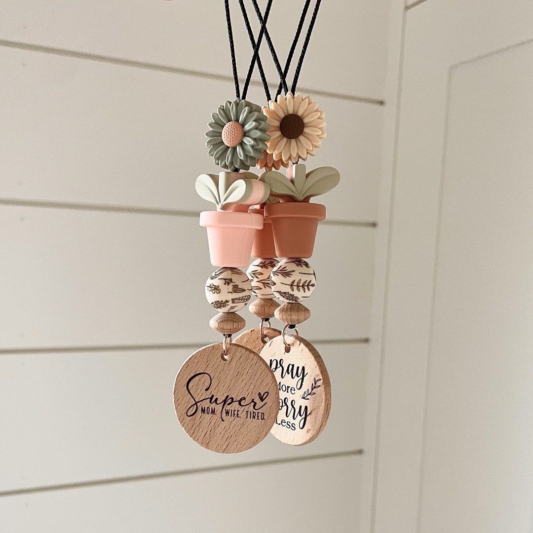 Engraved Wood Car Charm: Silicone Beaded Rearview Mirror Hanging - Etsy