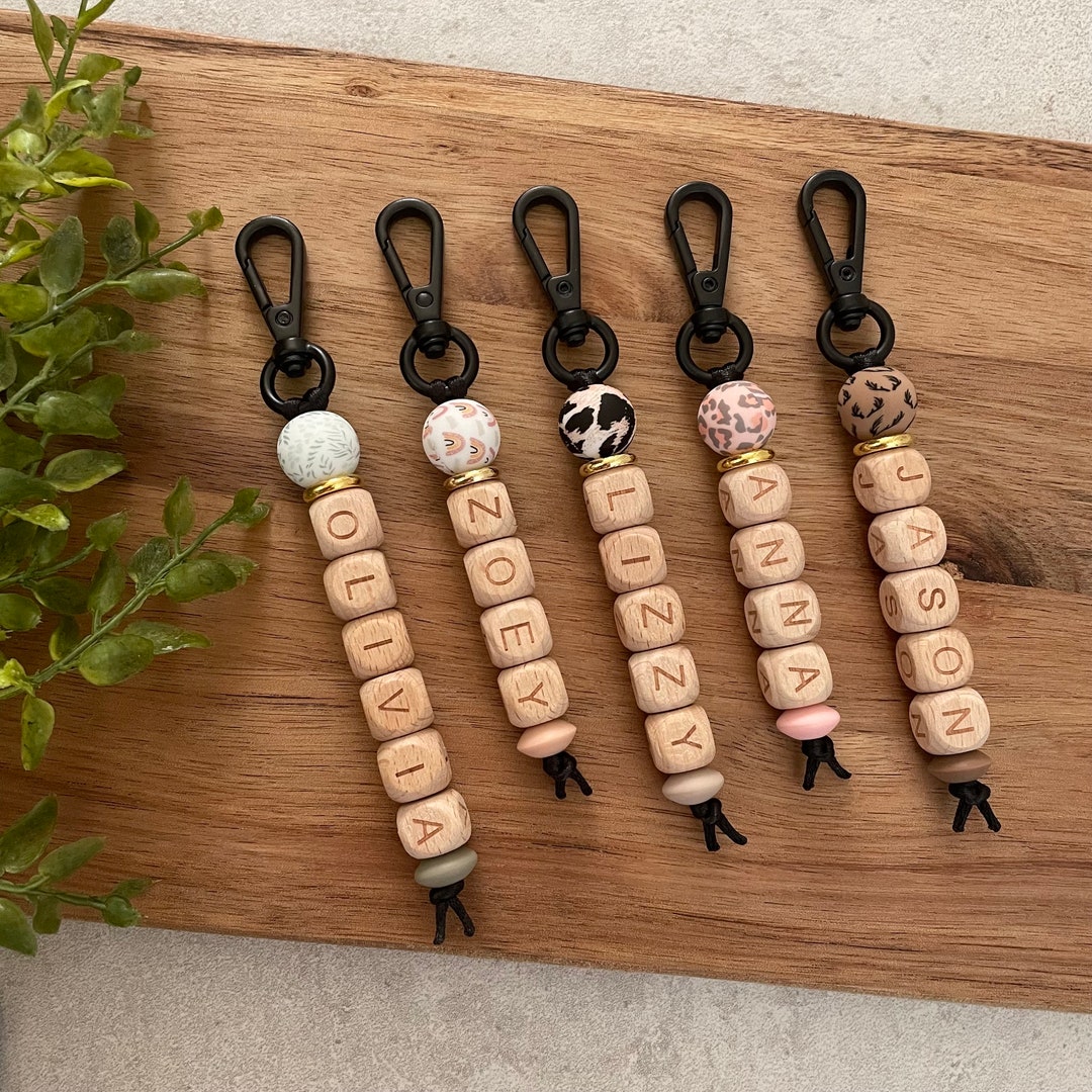 Name Keychains Backpack Custom Personalized Wood Silicone Beaded ...
