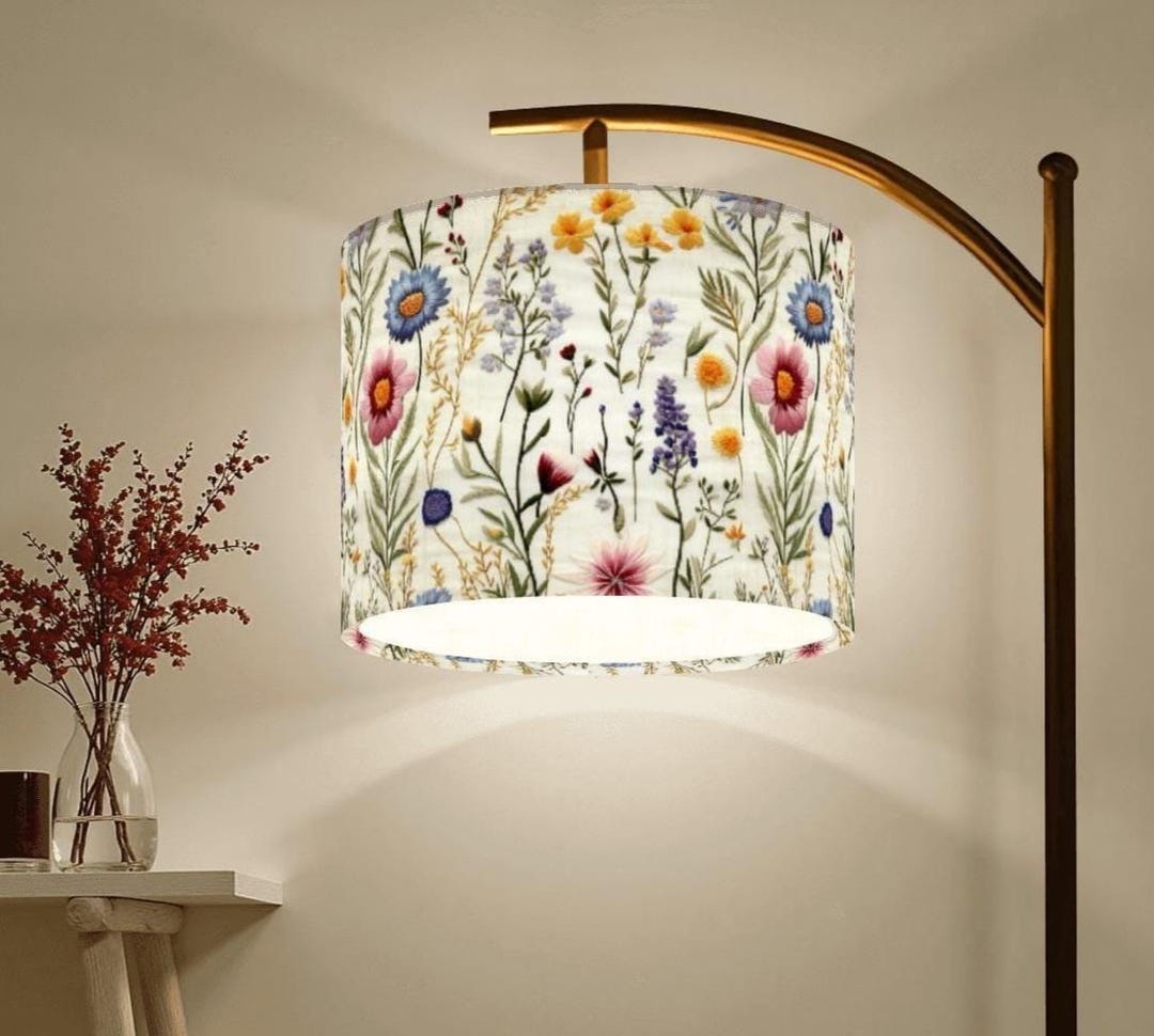 Seamless Embroidery Printed Flowers Arc Floor Lamp Floral Linen Lamp ...