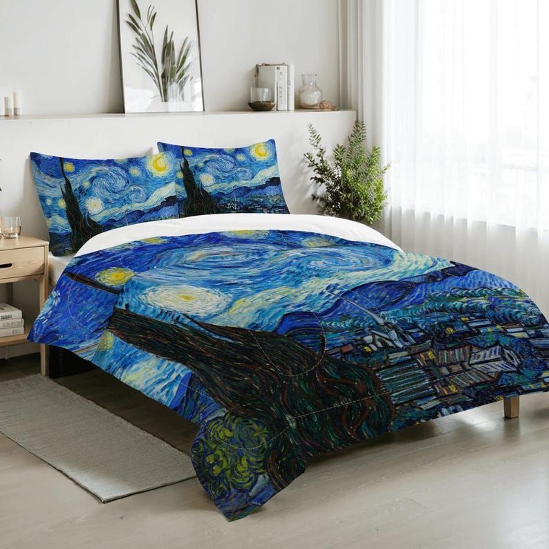 Van Gogh Starry Night Queen Comforter Set 3 Piece Bedding Set Bedroom ...