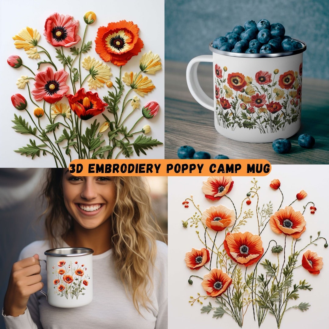 Embroidery Poppy Mug Poppy Mug Floral Camping Mug Poppies Camping Mug ...