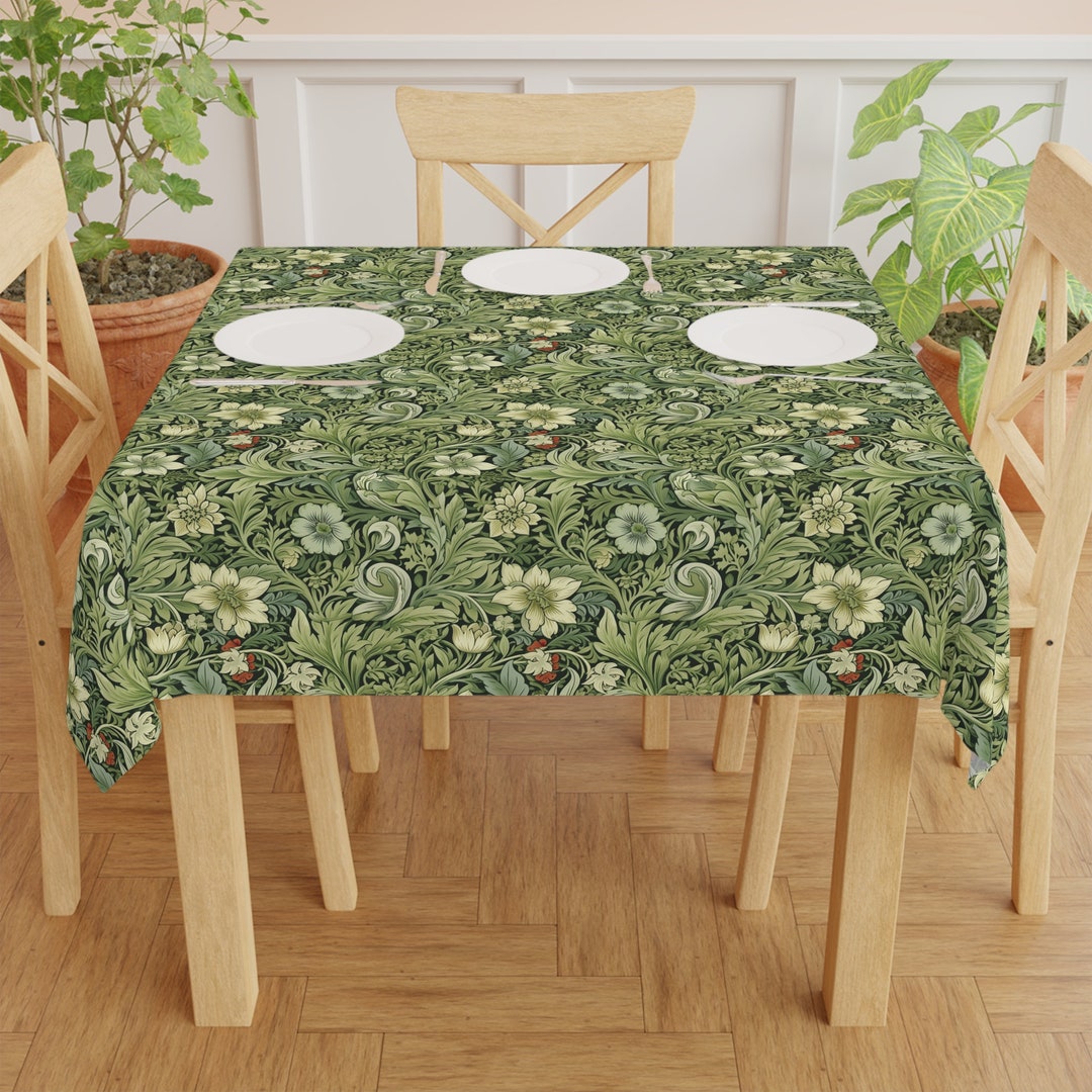 Green Floral Table Cloth Greenery William Morris Table Linen Cotton ...