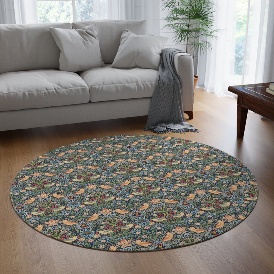 William Morris Round Rug Strawberry Thief Floral Birds Round Mat ...