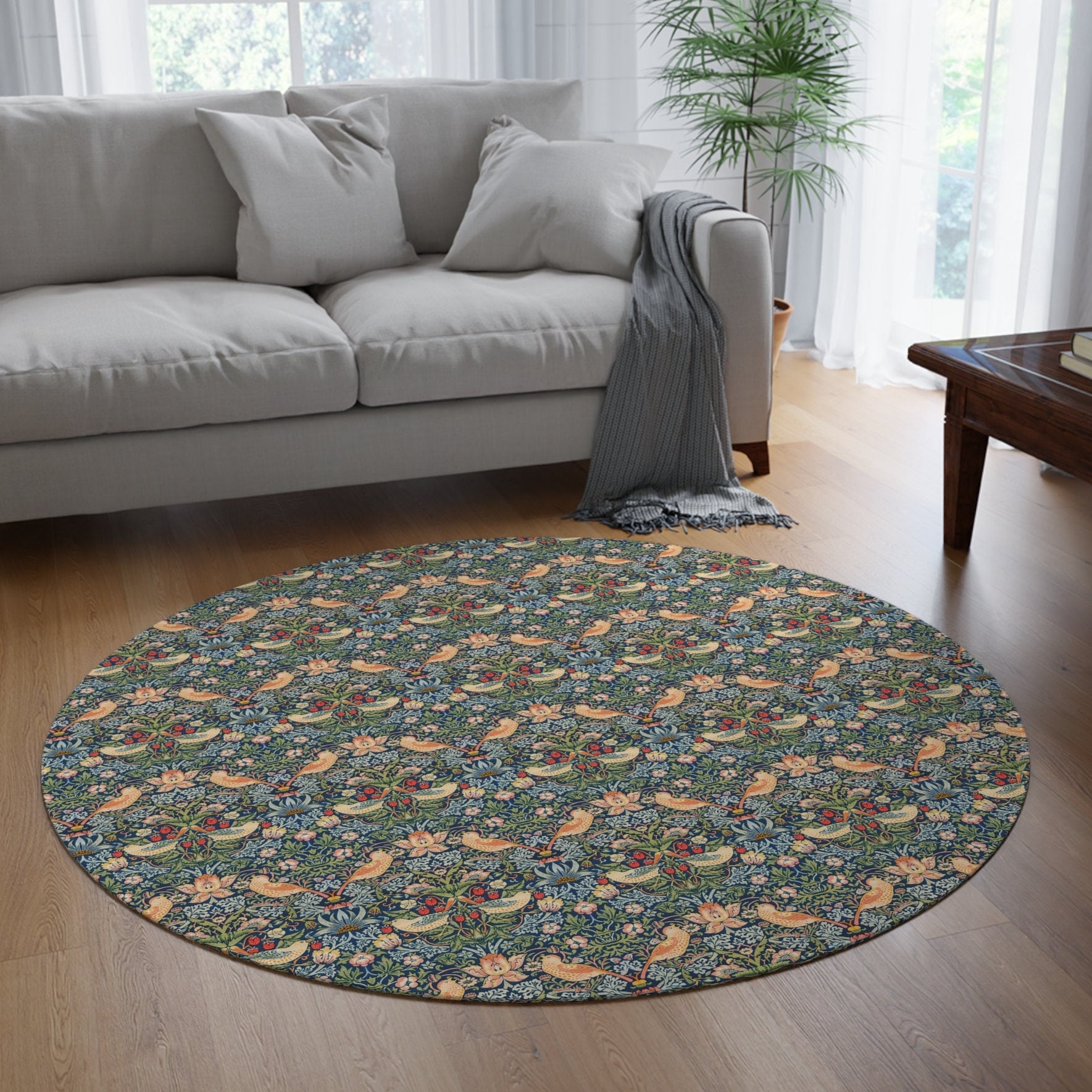 William Morris Round Rug Strawberry Thief Floral Birds Round Mat ...