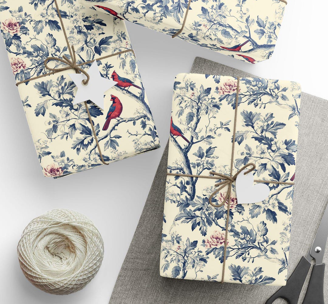 Cardinal Birds Red Blue Toile De Jouy Floral Wrapping Paper Blue Toile ...