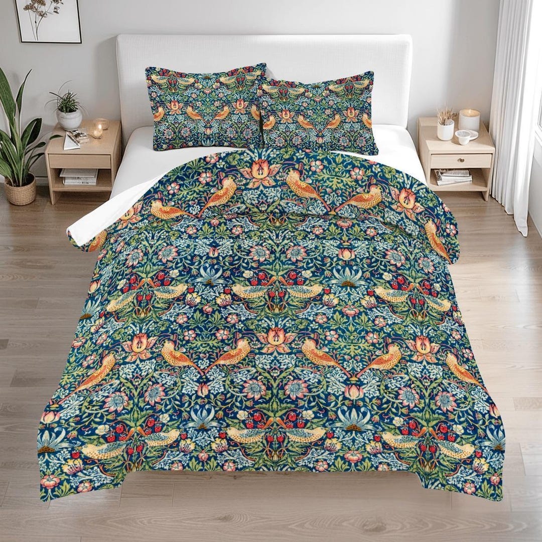 William Morris Bed Set Queen Comforter Set Strawberry Thief Pattern ...