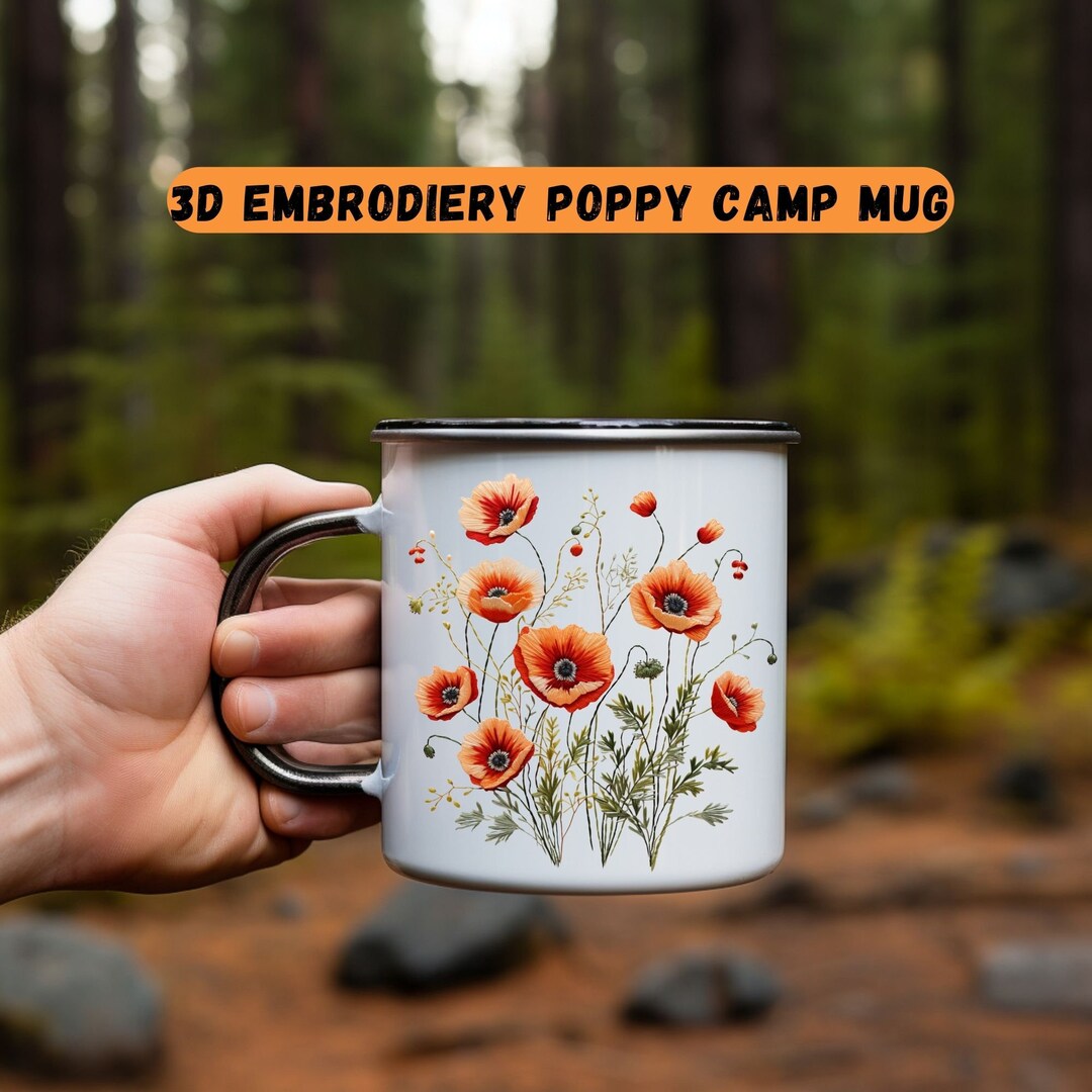 Embroidery Poppy Mug Poppy Mug Floral Camping Mug Poppies Camping Mug ...