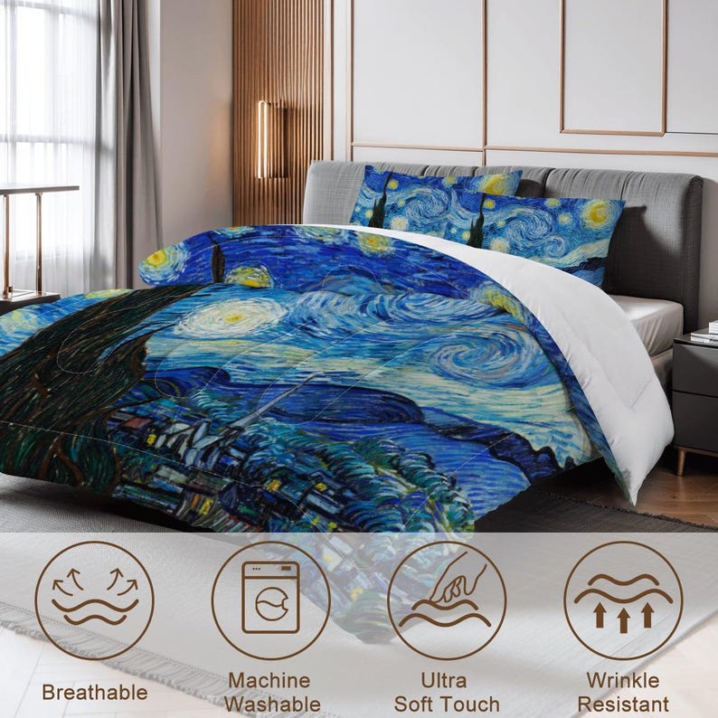 Van Gogh Starry Night Queen Comforter Set 3 Piece Bedding Set Bedroom ...