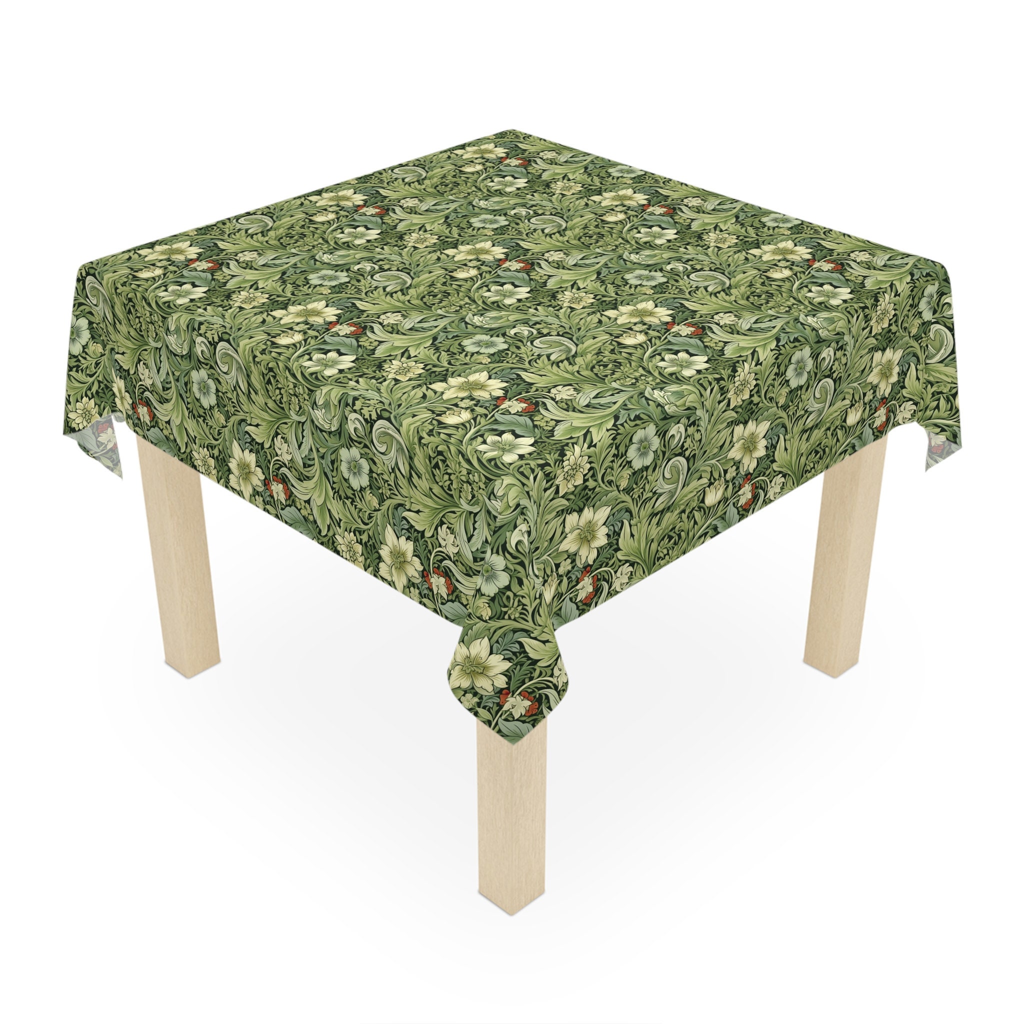 Green Floral Table Cloth Greenery William Morris Table Linen Cotton ...
