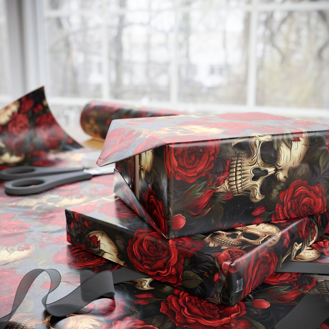 Skull Rose Pattern Wrapping Paper Rose Skull Gift Paper Halloween Gift ...
