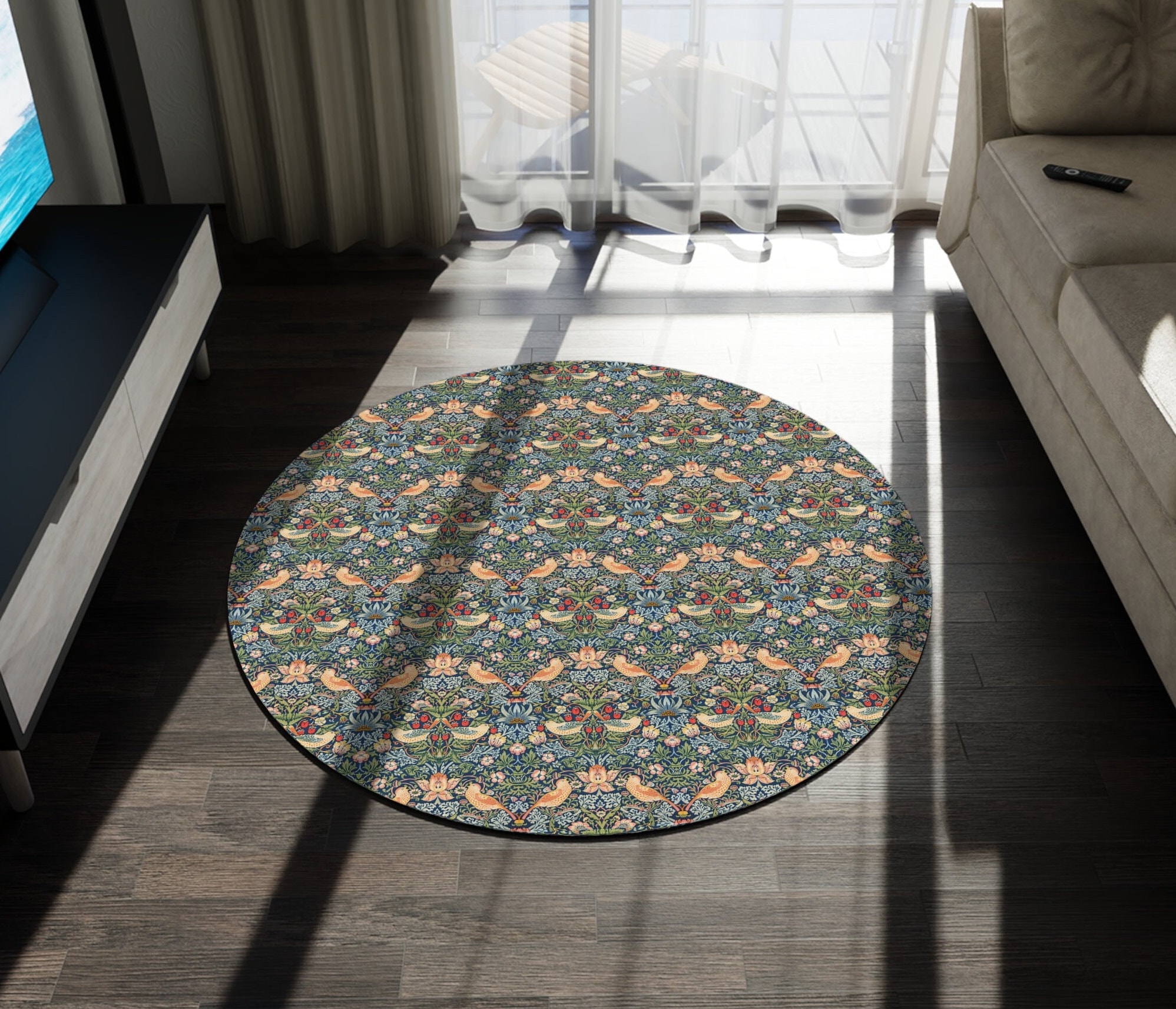 William Morris Round Rug Strawberry Thief Floral Birds Round Mat ...