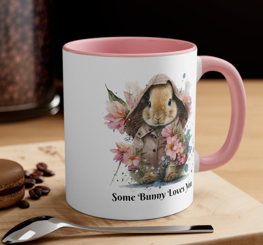 Bunny Rabbit Coffee Mug Cute Watercolor Bunny With Pink Coat Bunny With ...
