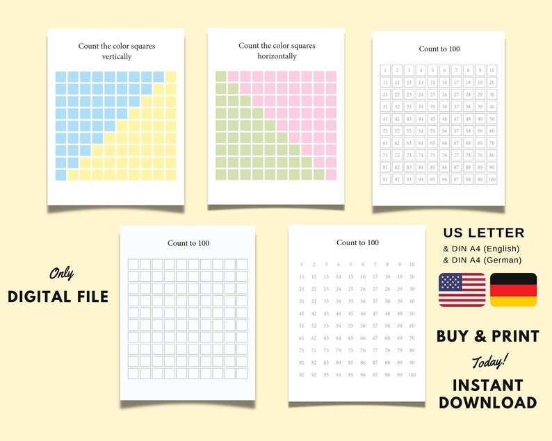 Numbers Count up to 100 Poster Chart Montessori Kids Education Math ...