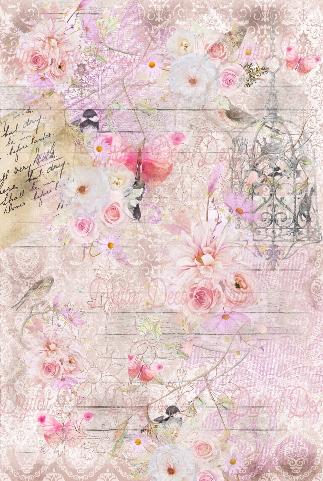 Digital Printable Decoupage Paper|instant Download|birds|pink and ...