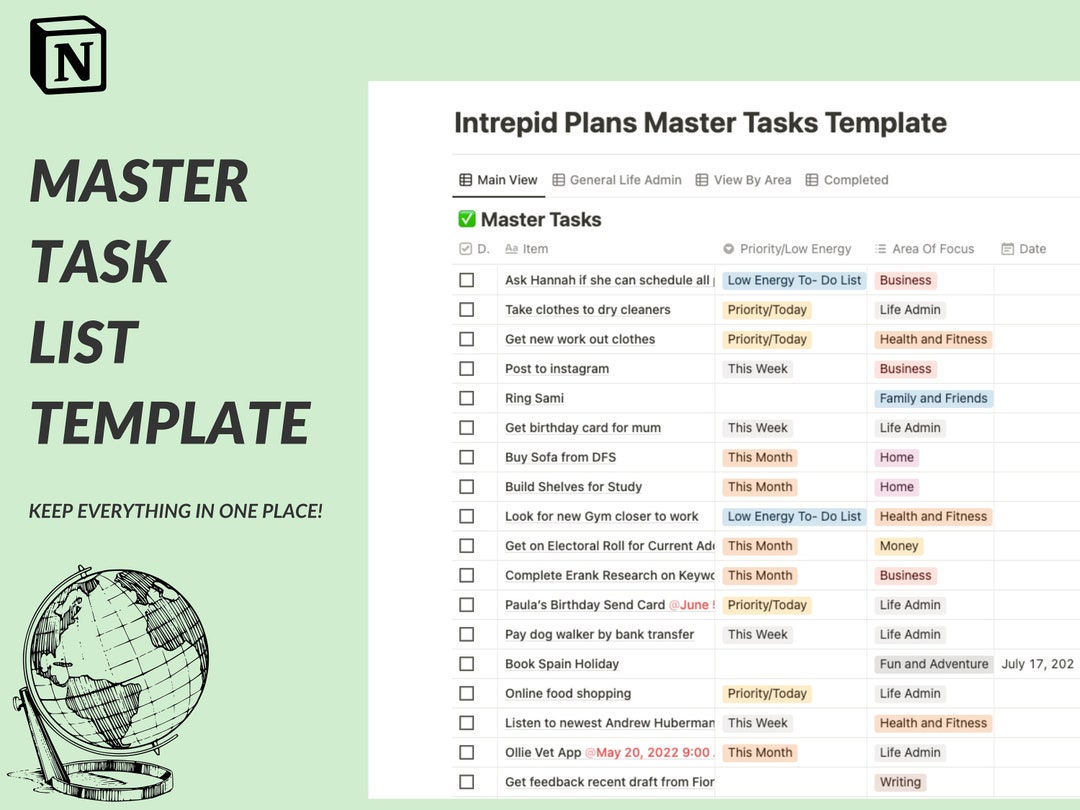 Notion Digital Planner, Master Task List, ADHD Notion Template, To List ...