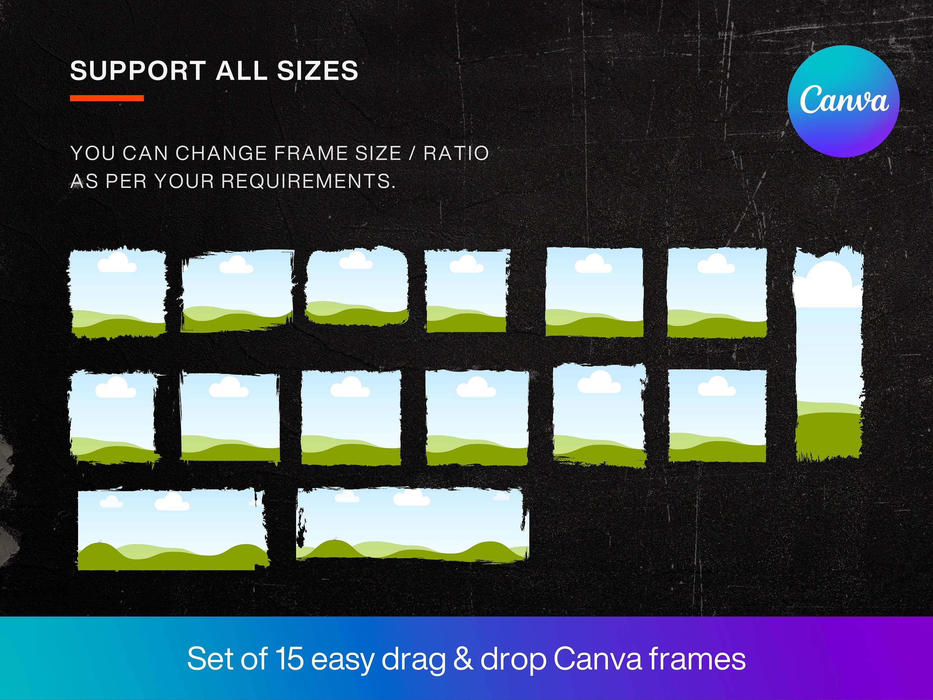 Editable Canva Frame Template Bundle, Grunge Border Brush Stroke Canva ...