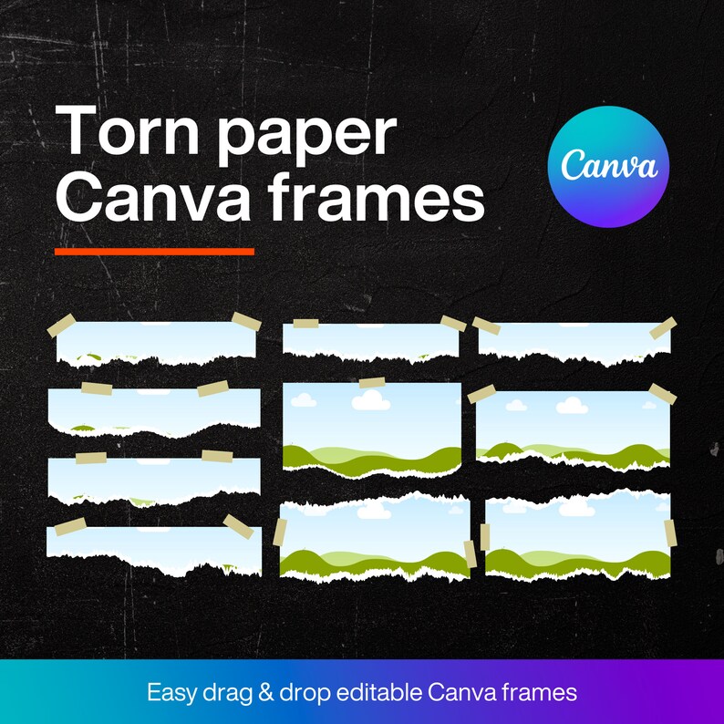 Editable Canva Frame Template Bundle, Torn Paper Border Canva Frame Bundle, Custom Background ...