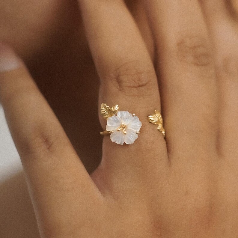 Flower Gold Ring, Hibiscus Ring, Pearl Flower Ring, Gift for Her ...