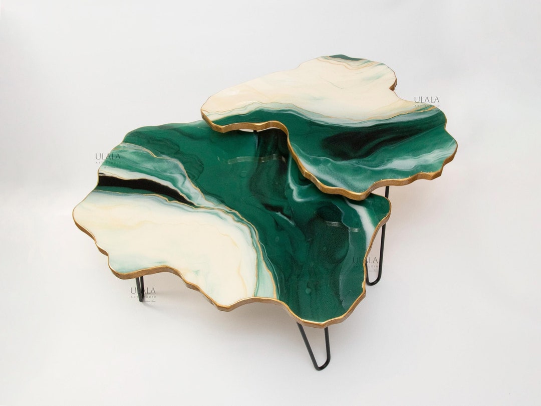 Set of 2 Emerald Coffee Table Epoxy Resin Geode Handmade Decor, Nested ...