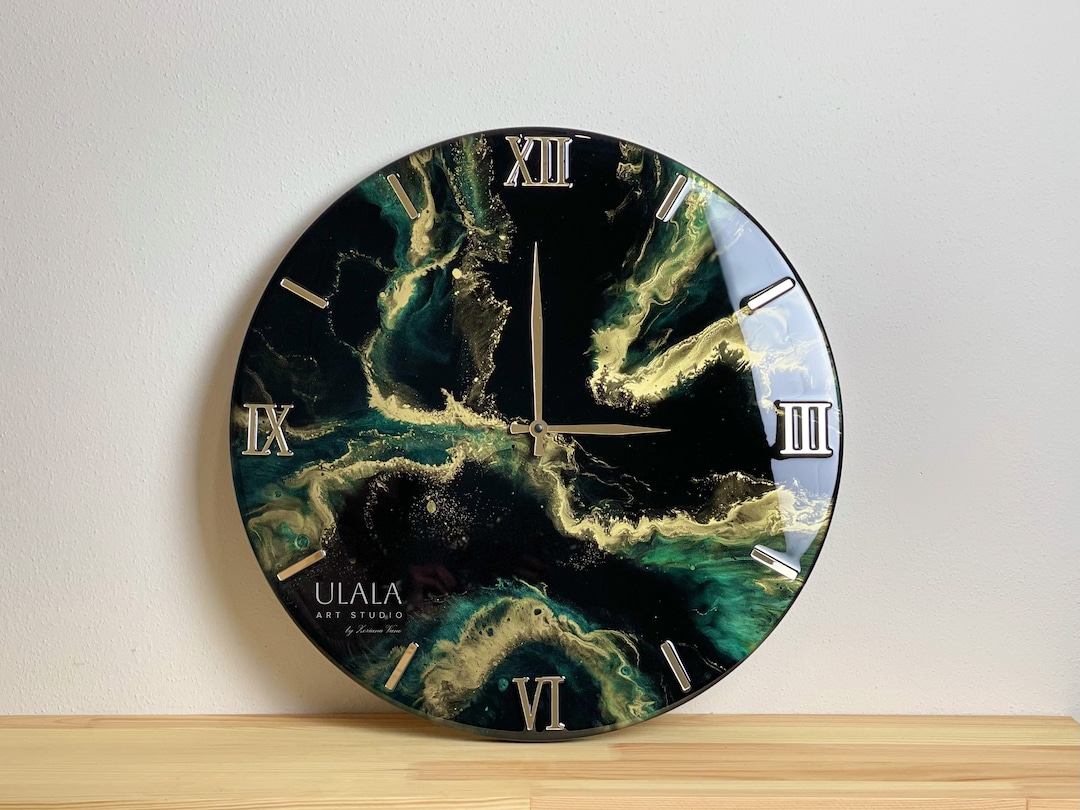 Epoxy Resin Wall Clock, Emerald Green Wall Clock, Large Wall Clock ...
