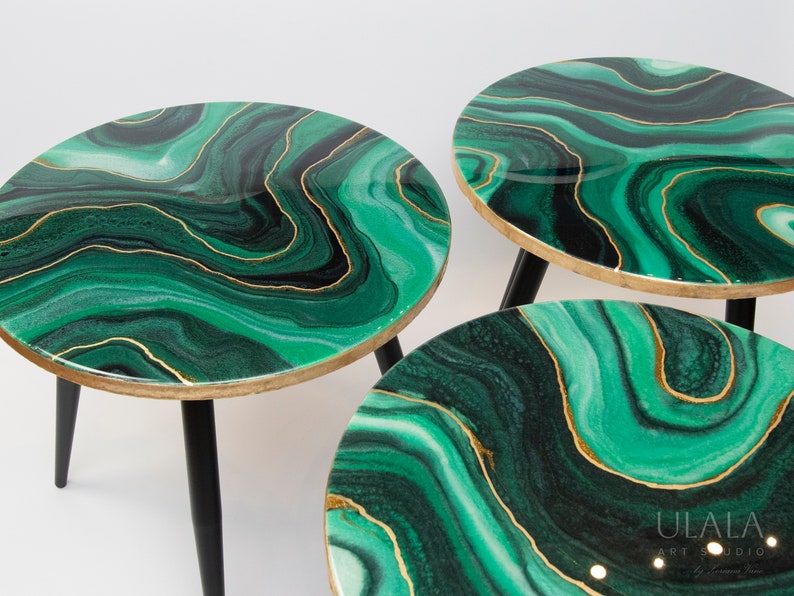 Table basse vert malachite, Table basse en résine, Table basse vert or ...