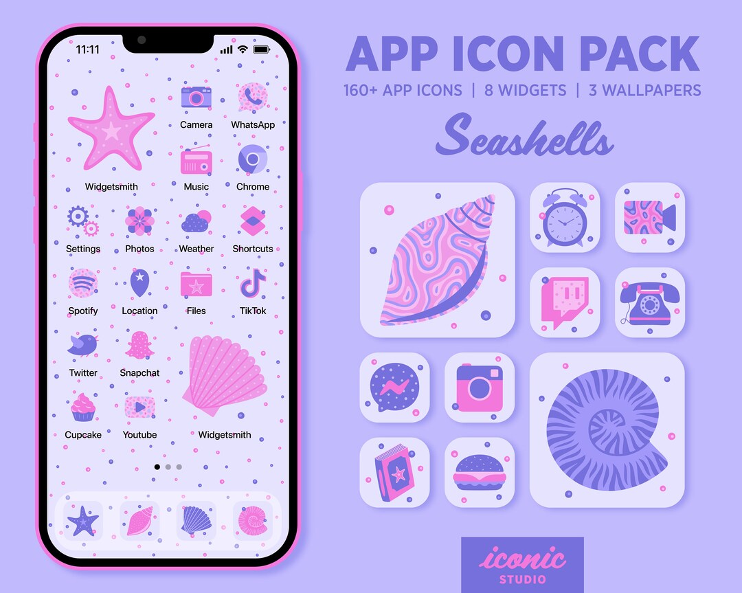Seashells App Icon Pack: Lilac & Pink Ios Theme (digital Download) - Etsy