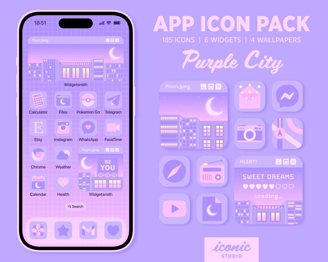 Purple City App Icon Pack, Lofi, Cute App Icons, Lilac Pink App Covers ...