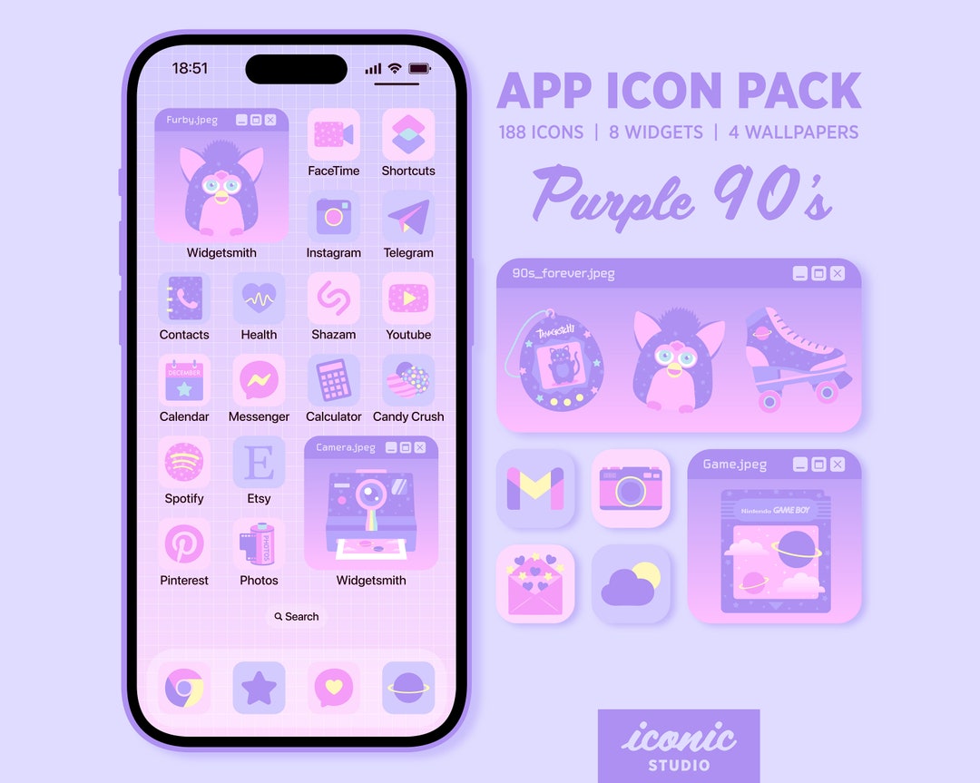 Purple 90's App Icon Pack, Cute Pastel Retro Icons Widgets Wallpapers ...