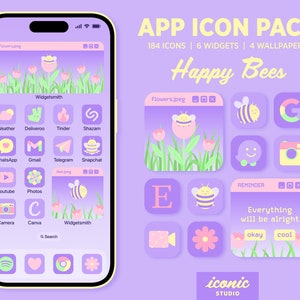 Happy Bees App Icon Pack, Summer & Flowers Ios App Covers, Botanical ...