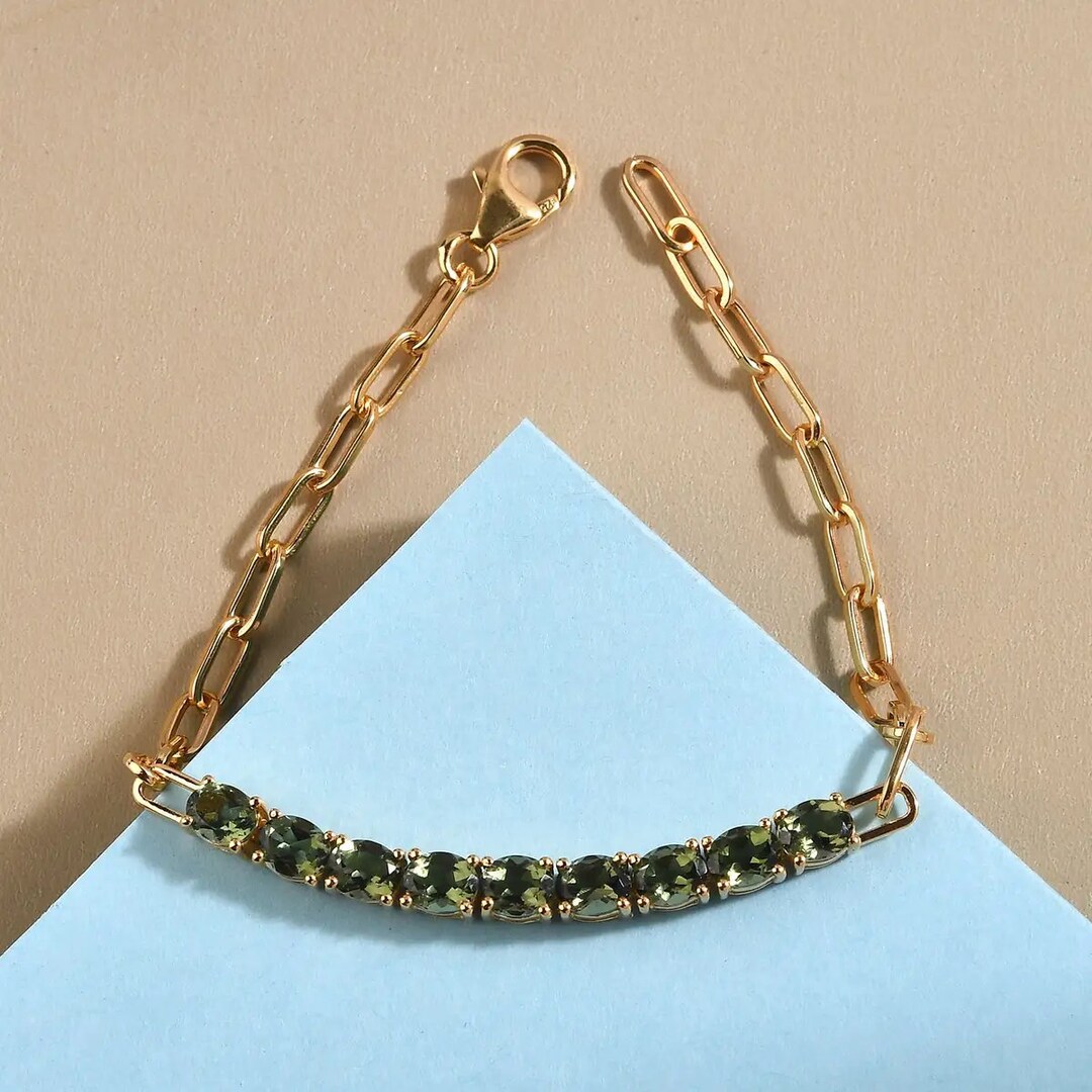 Natural Cut Moldavite Gemstone Paper Clip Chain Bracelet in Silver and ...