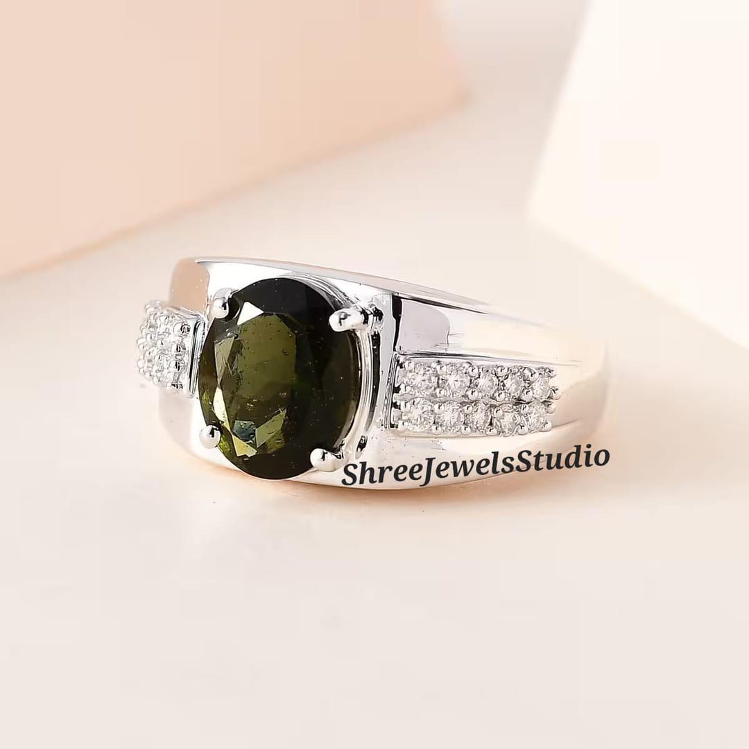 Natural Cut Moldavite Men's Ring in 14K Yellow Gold , Unique Moldavite ...